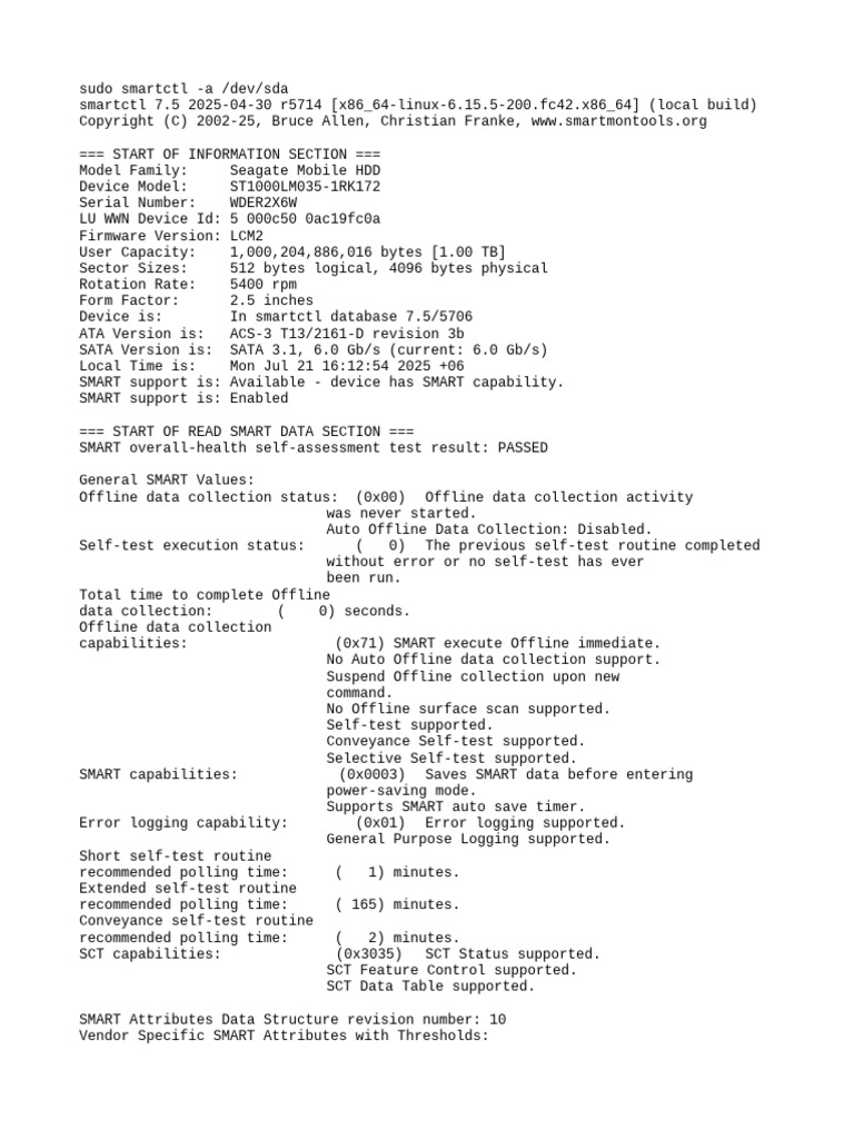 Sudo Smartctl A Dev Sda - 042301 | PDF | Hard Disk Drive | Computing