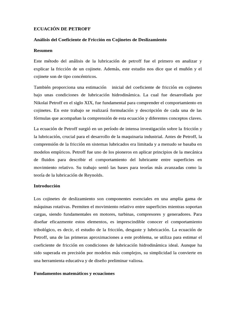Ecuación de Petroff | PDF | Rodamiento (Mecánico) | Dinámica de fluidos