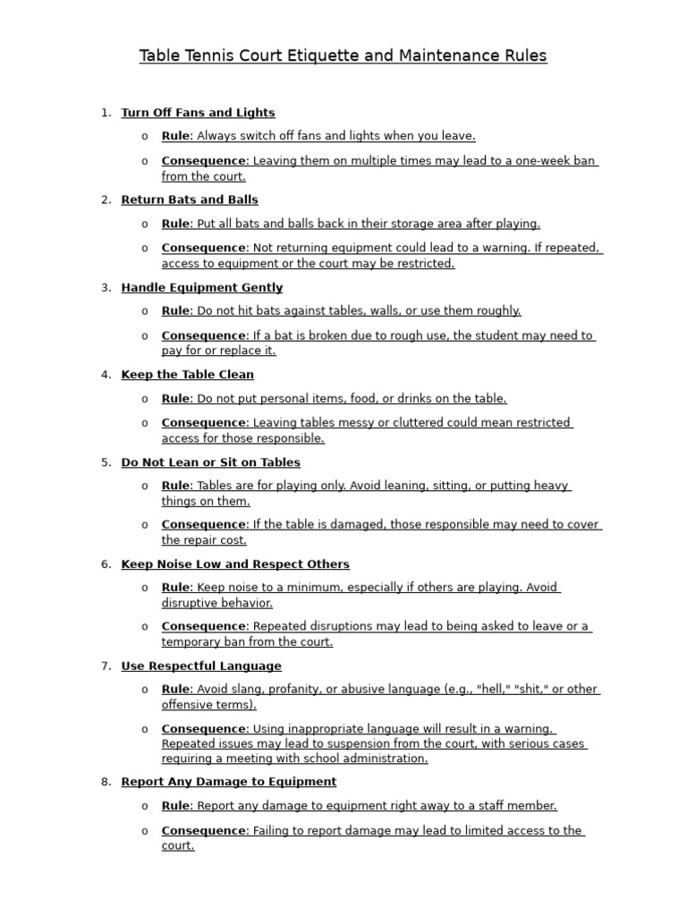 Table Tennis Court Etiquette Rules | PDF