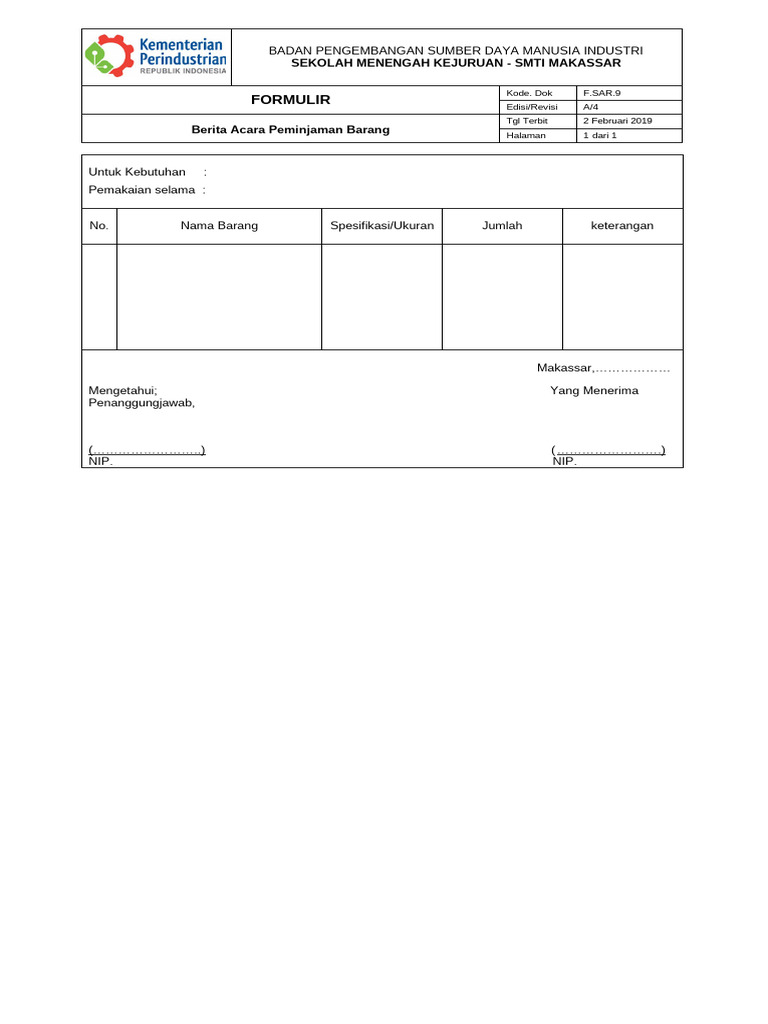 F.sar-9 Berita Acara Peminjaman Barang | PDF