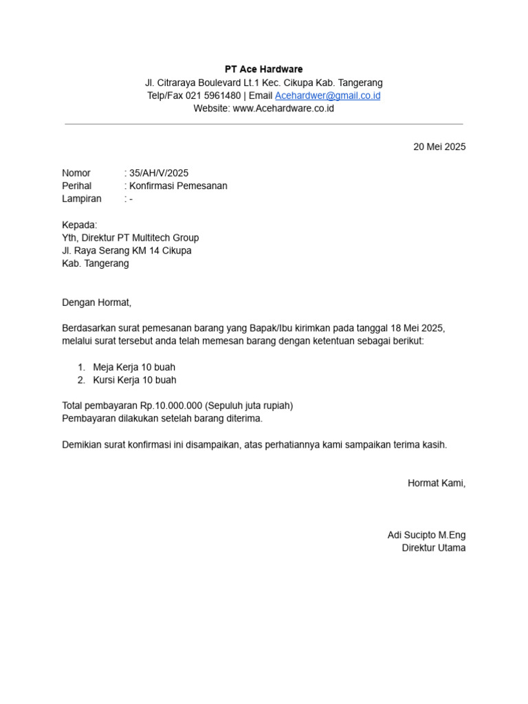 Surat Konfirmasi Pemesanan | PDF