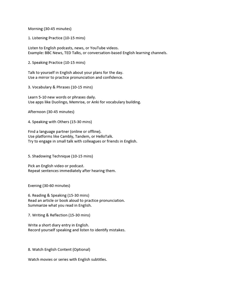 Daily English Learning Routine Guide | PDF