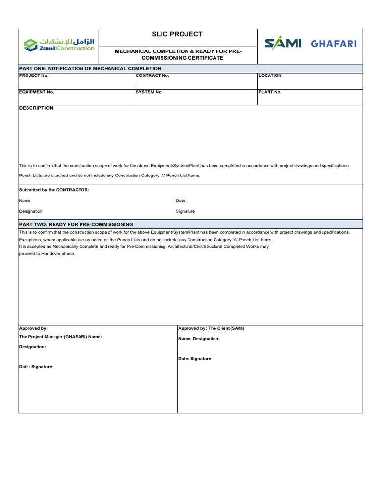 Mechanical Completion Format | PDF
