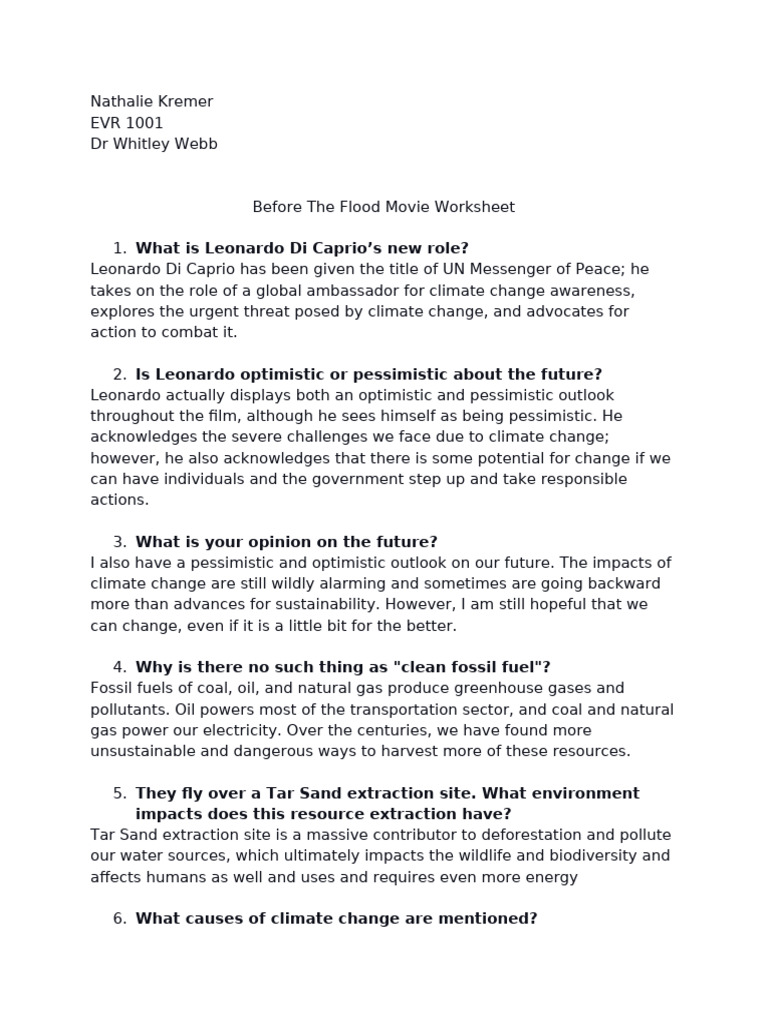 Before The Flood Worksheet | PDF | Climate Change | Fossil Fuels
