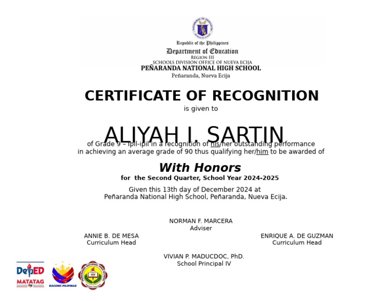 JHS-CERTIFICATE-1st QTR Template | PDF