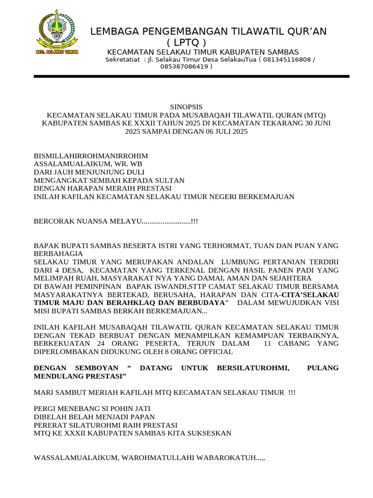 Sinopsis Kontingen MTQ Selakau Timur 2025 | PDF