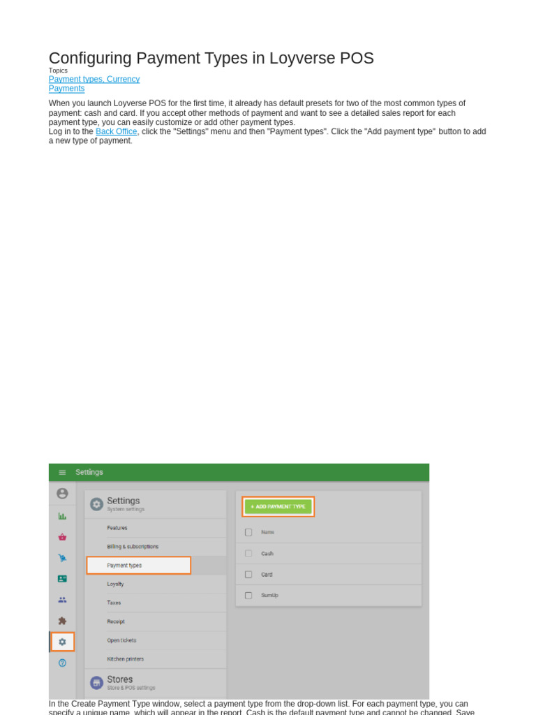 Configuring Payment Types in Loyverse POS | PDF