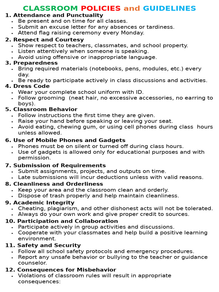 CLASSROOM POLICIES and GUIDELINES | PDF