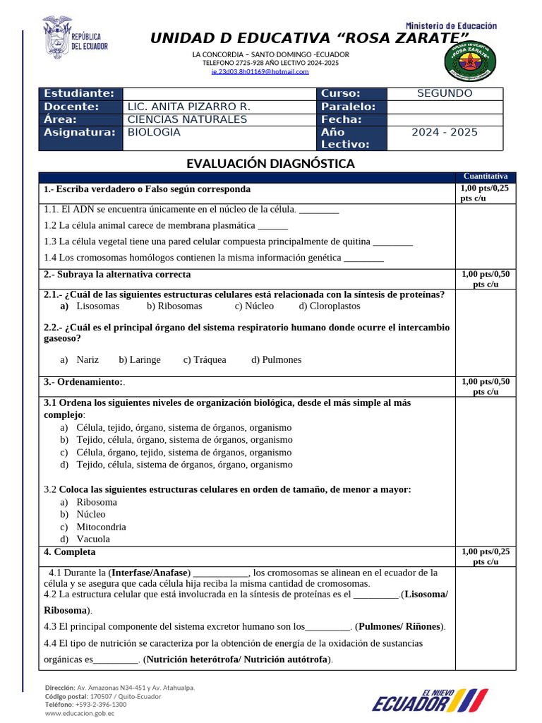 Evaluación Diagnóstica 2do Bgu | PDF | Biología Celular) | Tejido (biología)