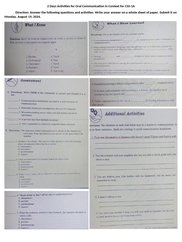 2 Days Activities For Oral Communication in Context For CSS | PDF