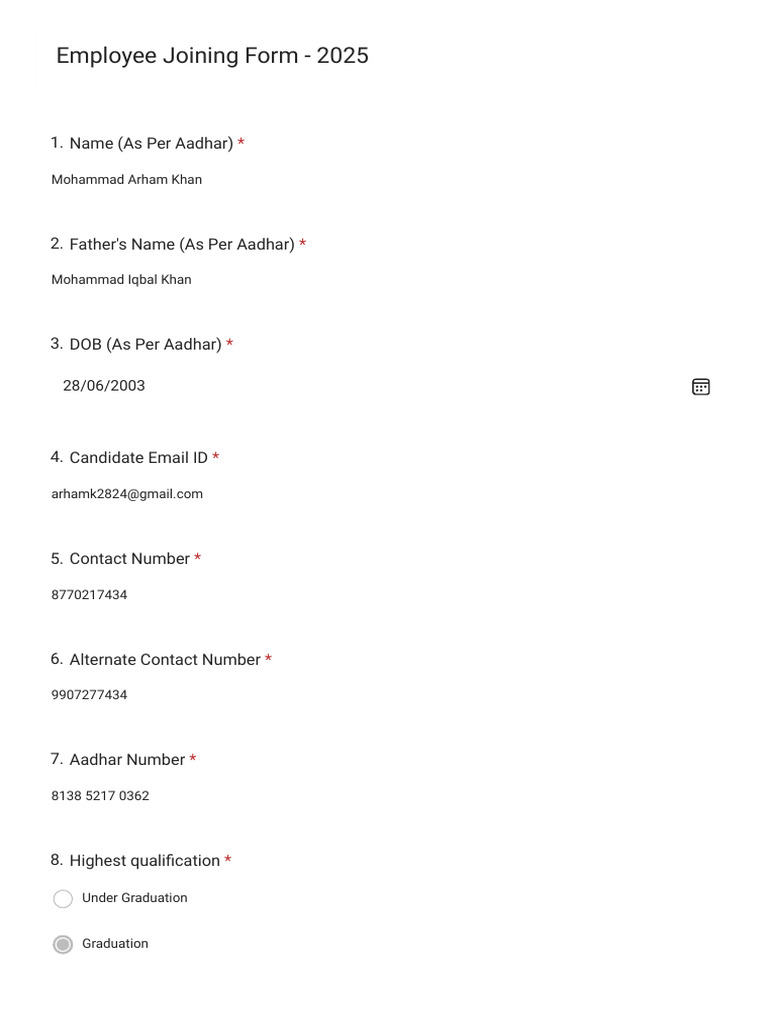 Employee Joining Form - 2025 | PDF