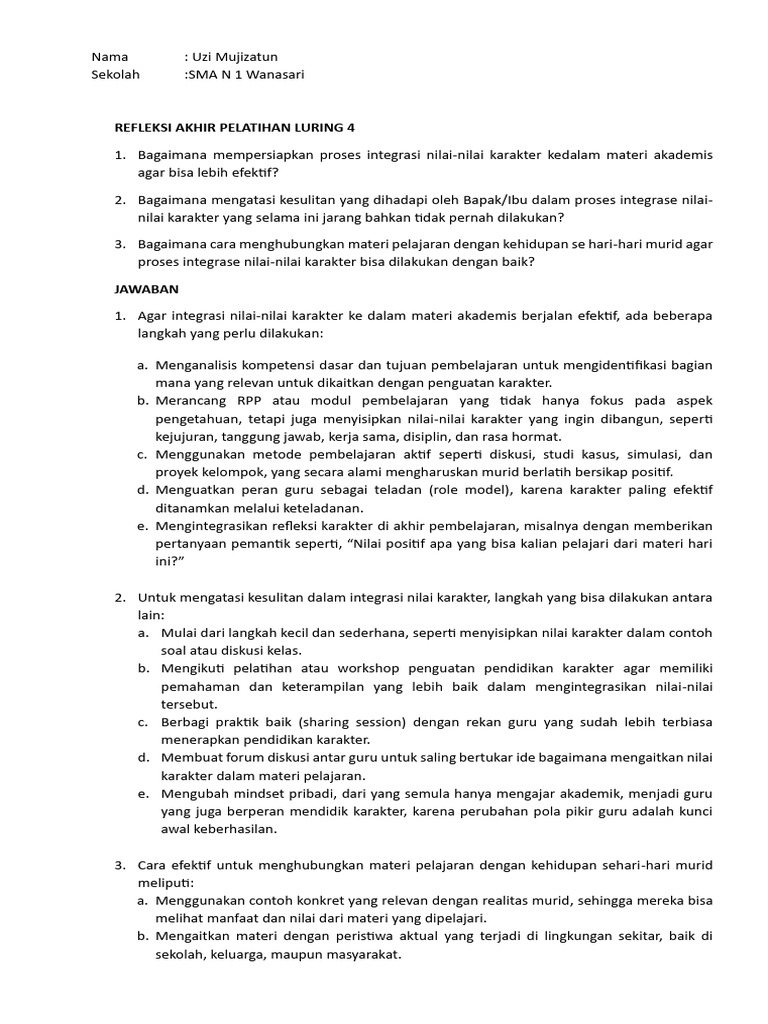 Refleksi Akhir Pelatihan Luring 4 - Uzi Mujizatun | PDF