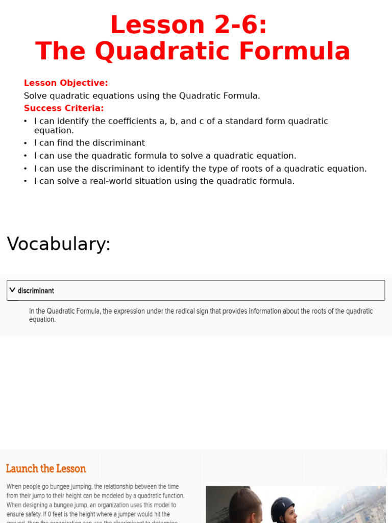 Solving Quadratic Equations: Lesson 2-6 | PDF | Quadratic Equation ...