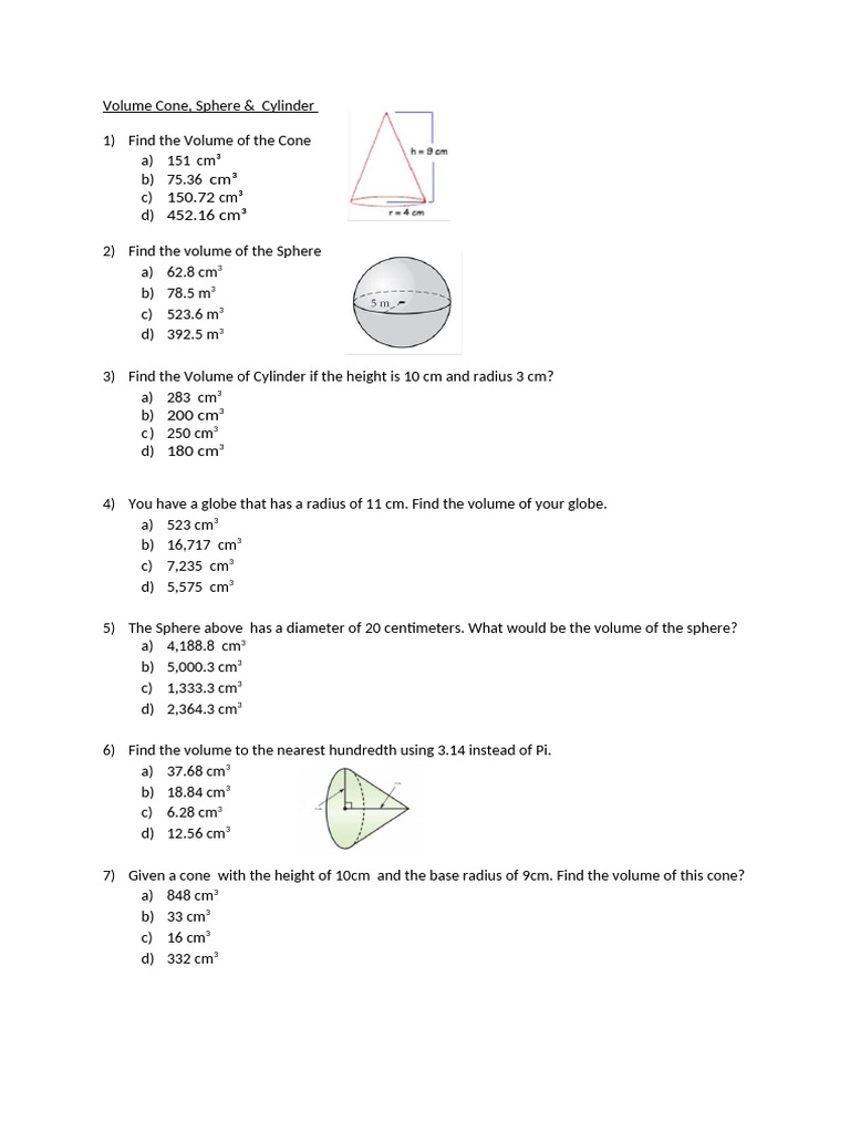 Volume of Cone, Sphere & Cylinder Worksheet | PDF
