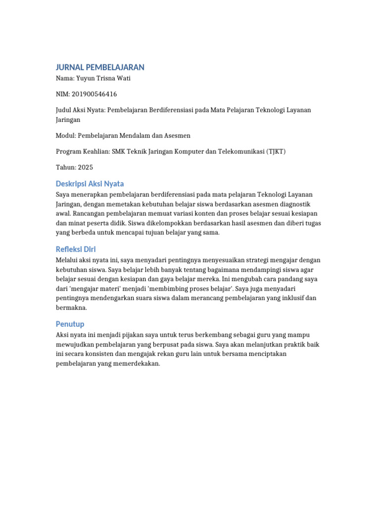 Yuyun Trisna Wati 201900546416 Pembelajaran Berdiferensiasi | PDF