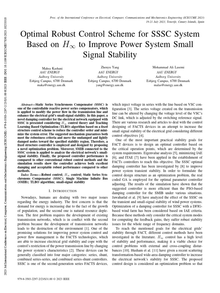 Optimal Robust Control Scheme For SSSC System Based On H To Improve ...