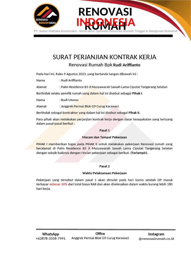 ADA KOP Surat Perjanjian Kontrak Kerja | PDF