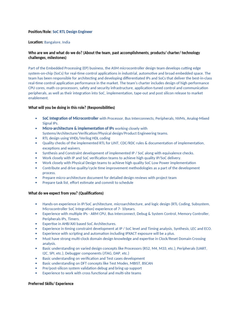 SoC RTL Design Engineer Role in Bangalore | PDF | System On A Chip ...