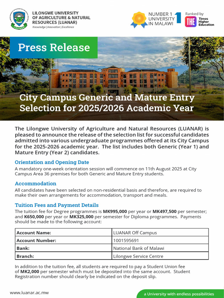 LUANAR 2025/2026 Admission Details | PDF | Services (Economics) | Payments