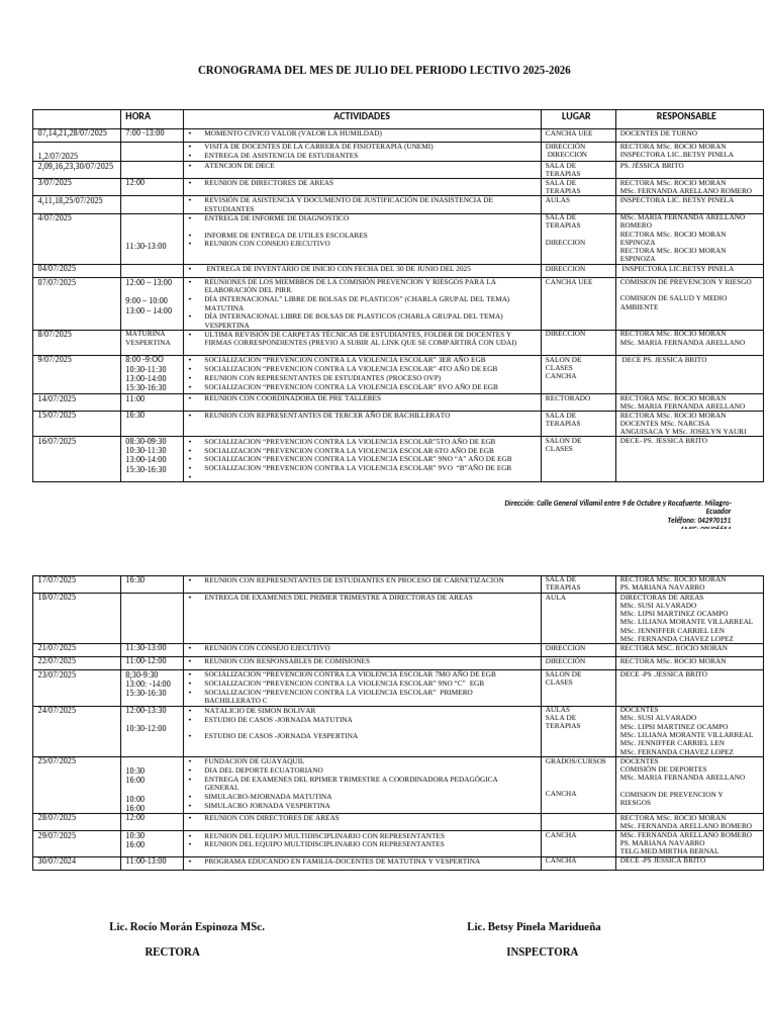 Cronograma Del Mes de Julio Del Periodo Lectivo 2025-Signed | PDF