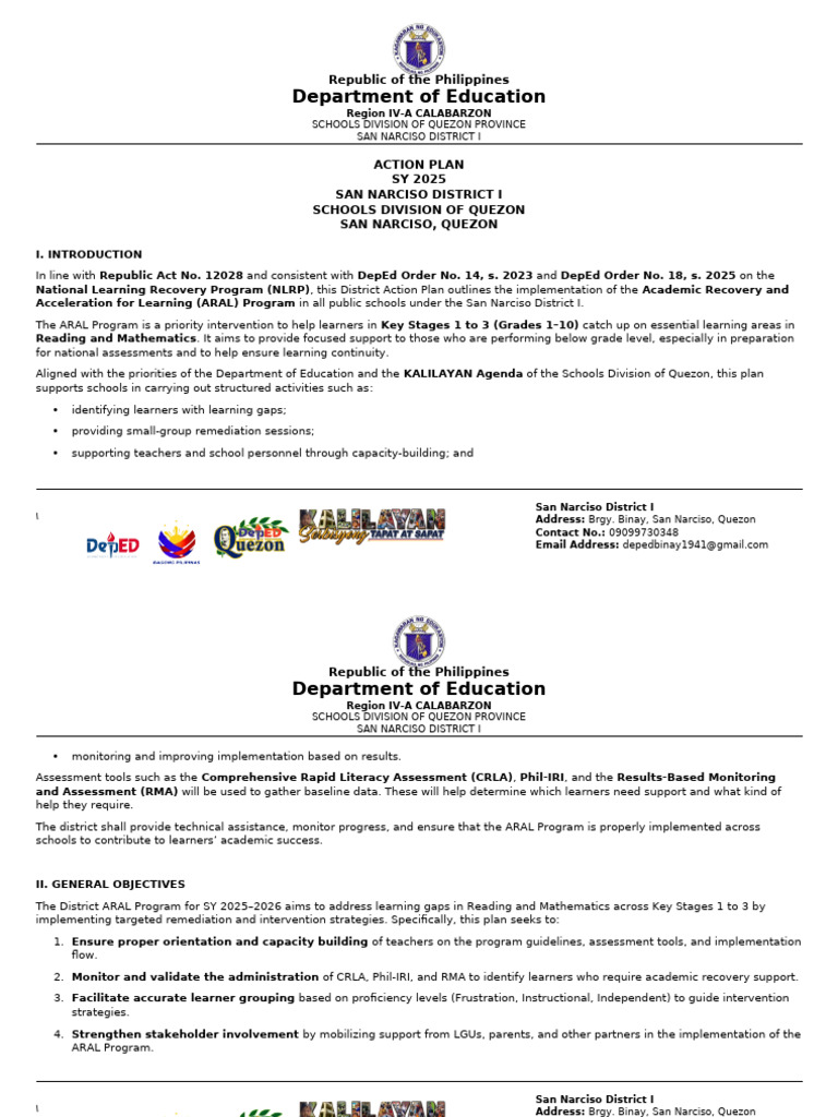 Sn2 Action Plan For Aral Program | PDF | Learning | Cognition