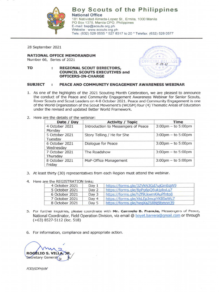 2UPLOAD BSP-N.O.-Memorandum-No.-66-s.-2021 - Peace-and-Community-Engagement-Awareness-Webinar | PDF