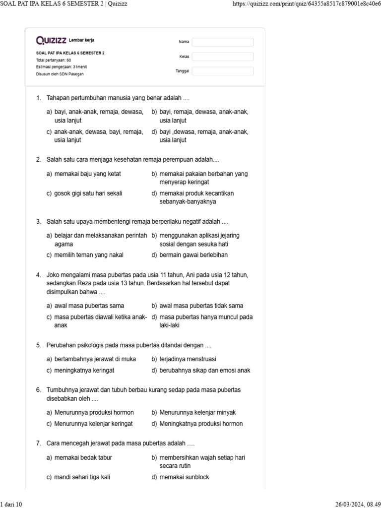 Soal Pat Ipa Kelas 6 Semester 2 Quizizz | PDF