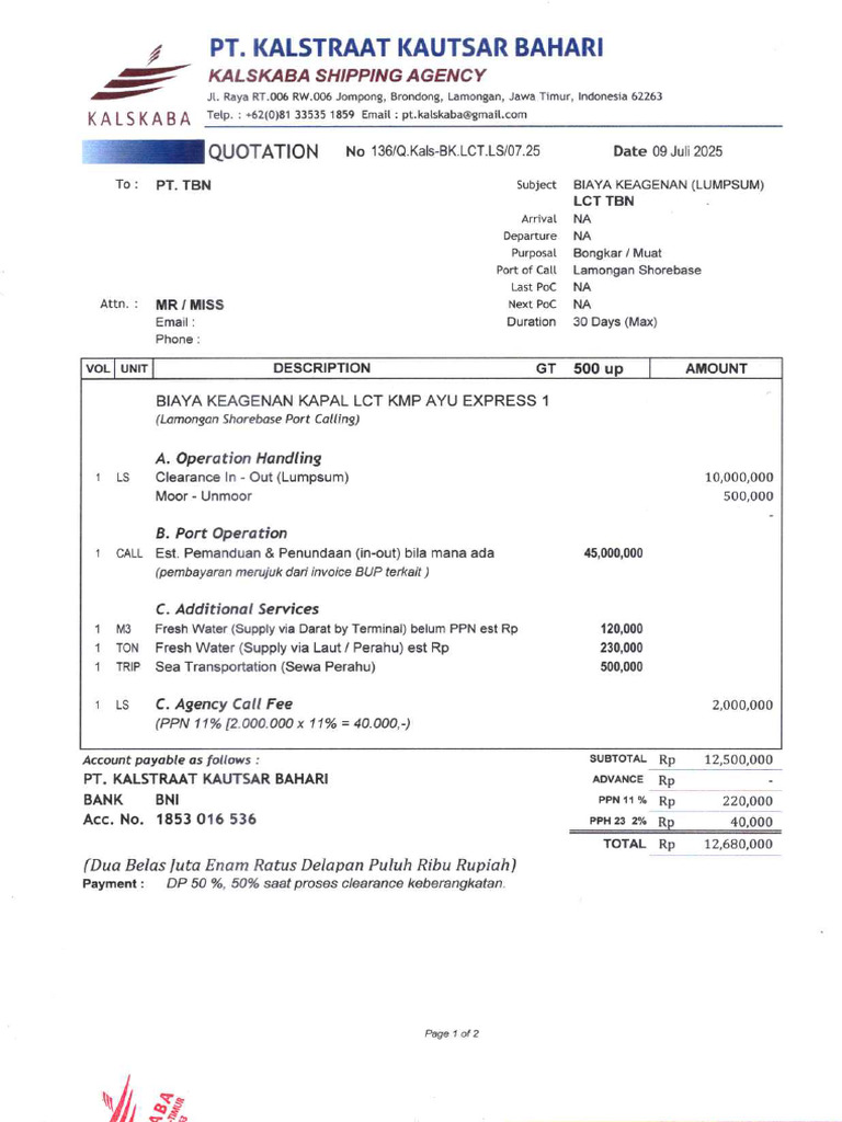 1 - Quotation Keagenan LCT | PDF