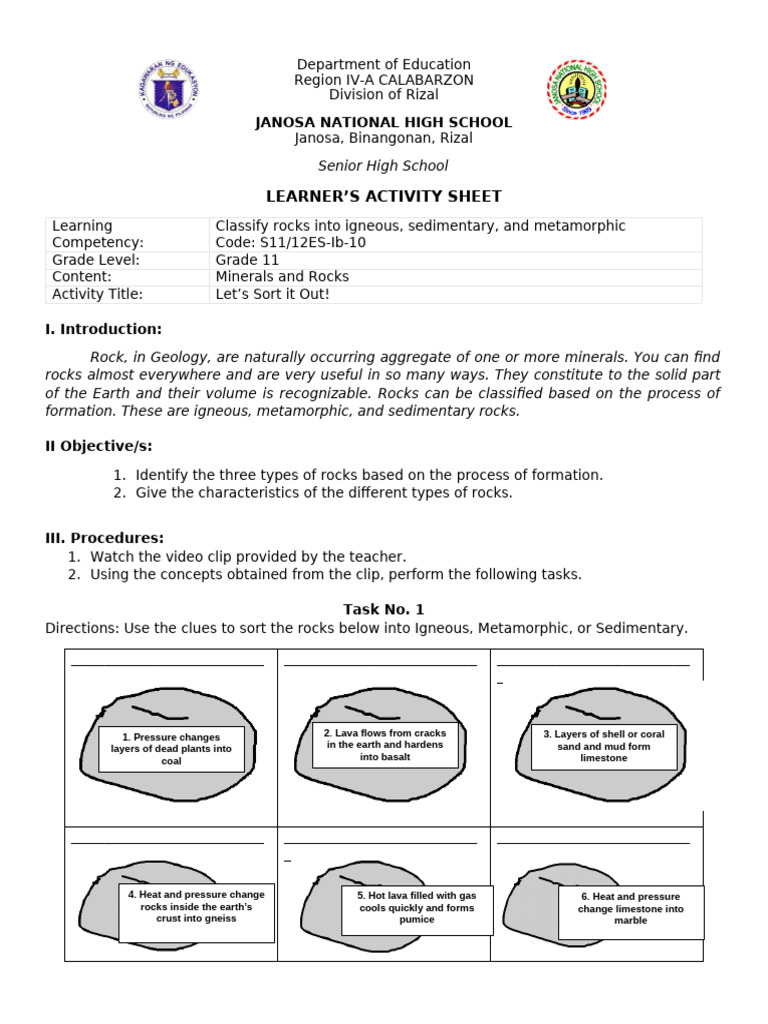 ELS Q1 Activity Classification-Of-Rocks Week-2 | PDF | Rock (Geology ...