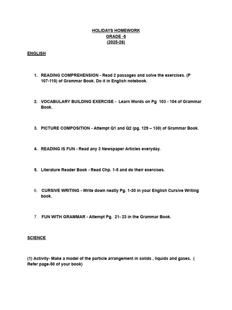 Holidays Homework Grade 5 (2025 26) | PDF