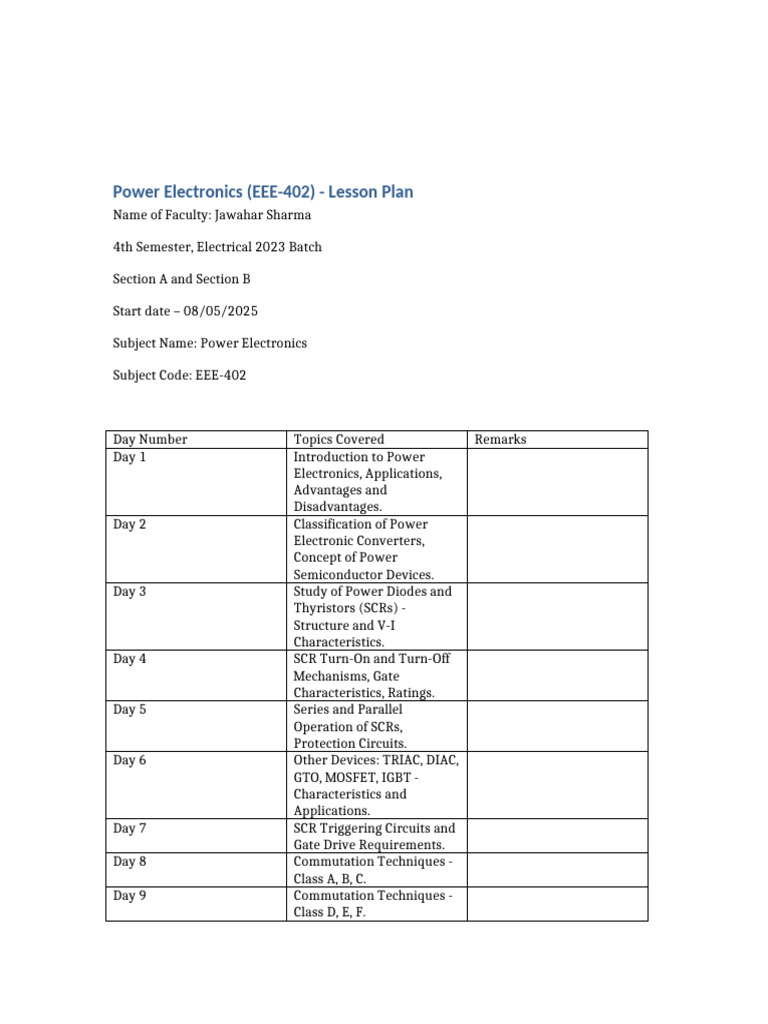 EEE402 Lesson Plan Jawahar Sharma | PDF | Power Electronics | Power ...