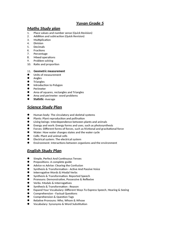 Grade 5 Curriculum Study Plan | PDF