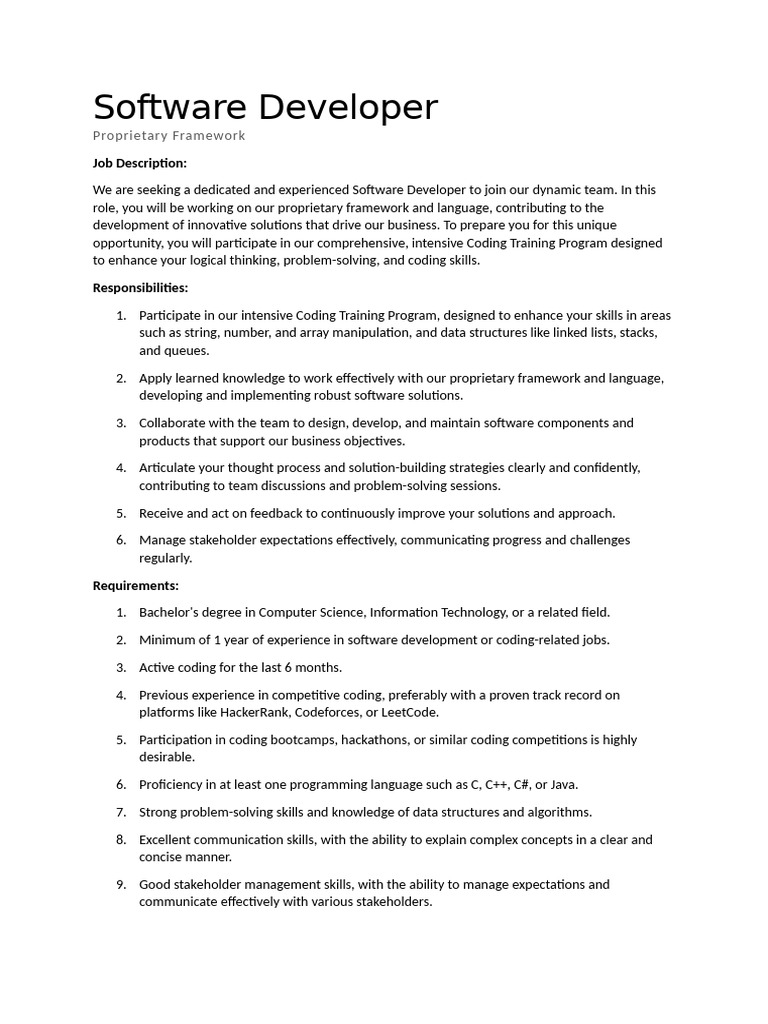 JD - Software Developer (Proprietary Framework) | PDF | Computer Programming | Software Development