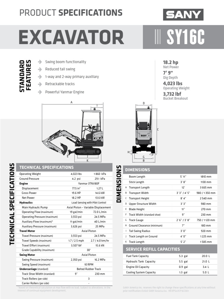 SANY SY16C Excavator Specifications | PDF | Vehicles | Mechanical ...