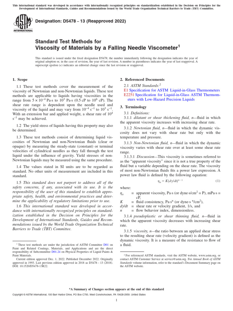 Falling Needle Viscometer Viscosity Test | PDF | Viscosity | Shear Stress
