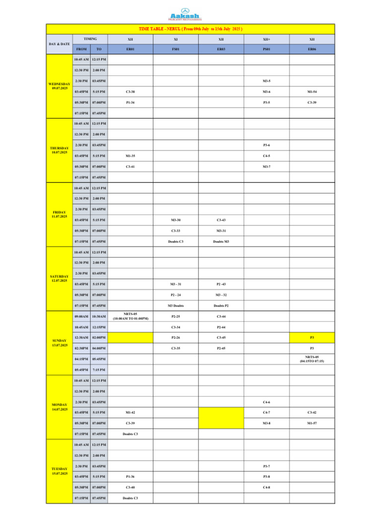 NERUL - ENG. - NON - INT - TIME TABLE 09-07-2025 To 15-07-2025 | PDF
