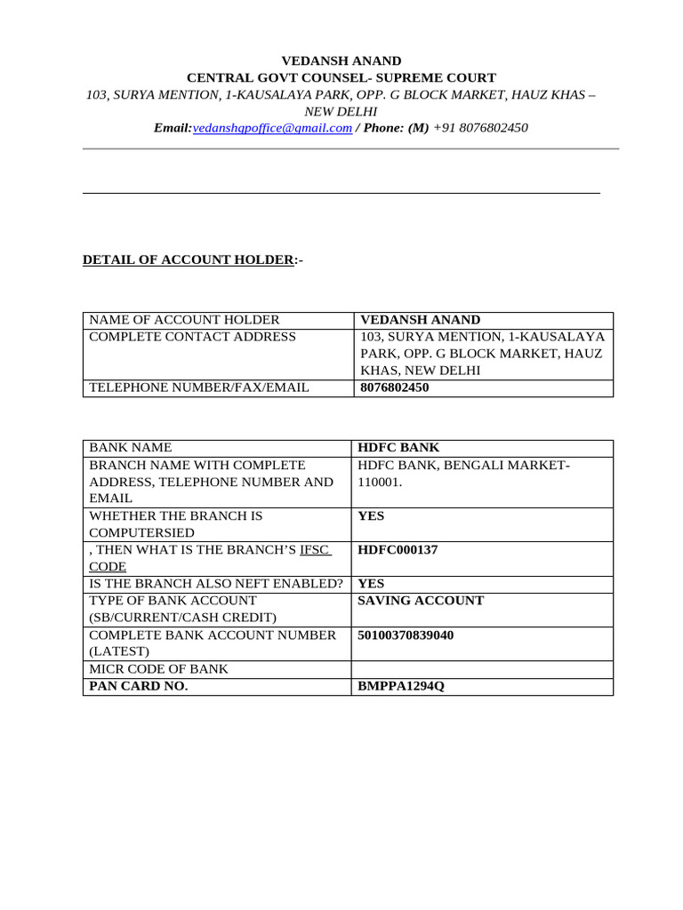HDFC Bank Account Details for Vedansh Anand | PDF
