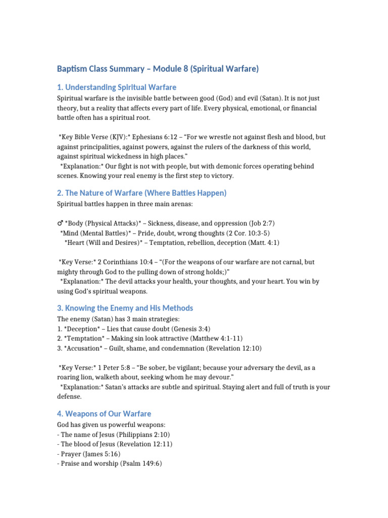 Baptism Summary Module 8 Expanded | PDF | Spiritual Warfare | Satan