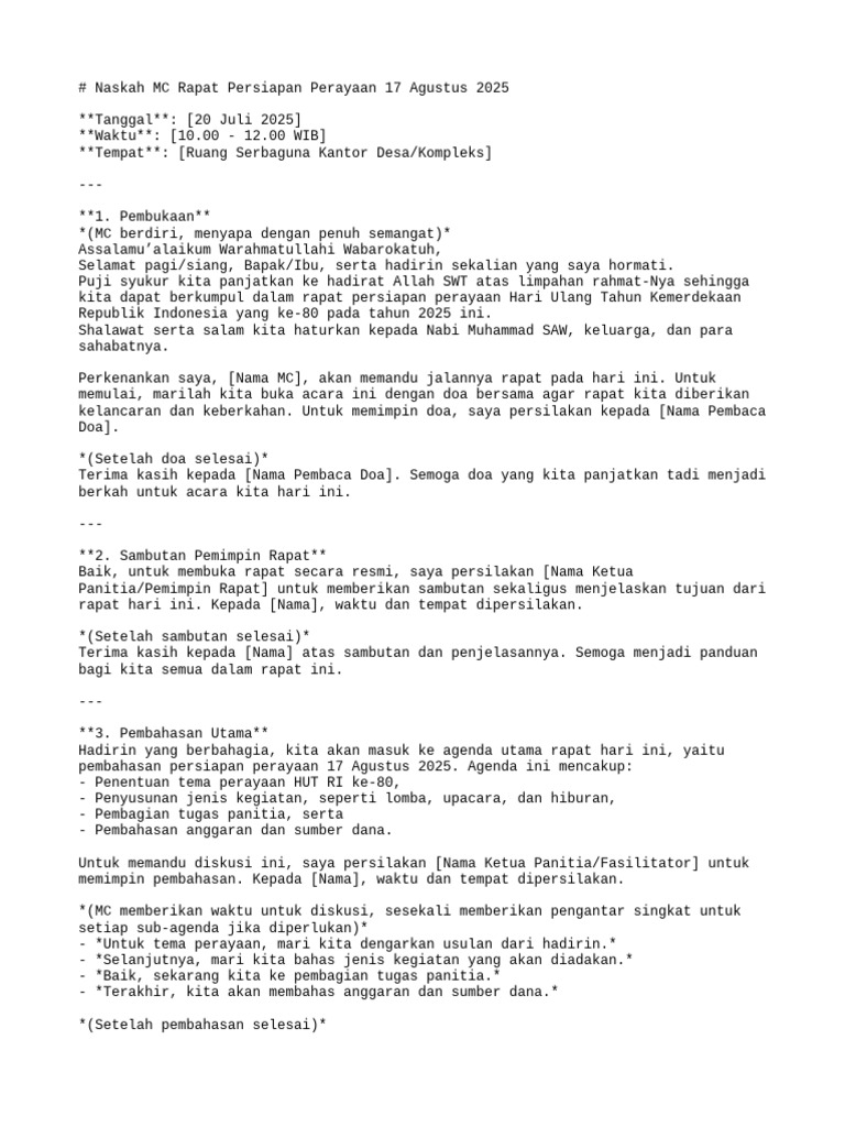 Naskah MC Rapat Persiapan 17 Agustus 2025 | PDF
