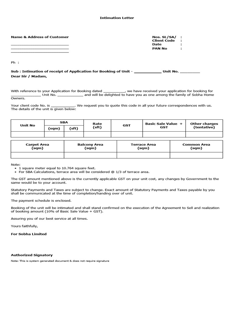 Intimation Letter Forest Edge | PDF