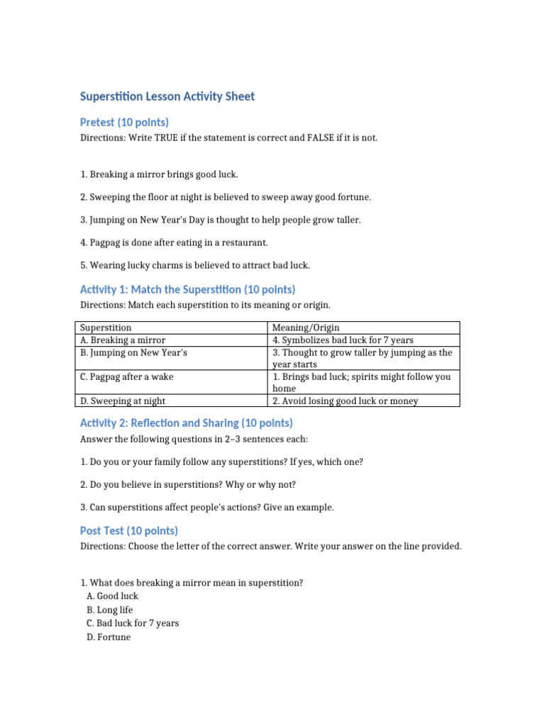 Superstitions: Lesson Activity Sheet | PDF