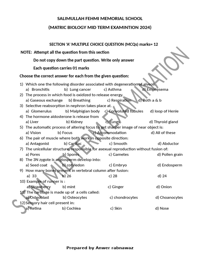 Biology 10 Class Mid Term Paper 2024 | PDF | Anatomy | Biology