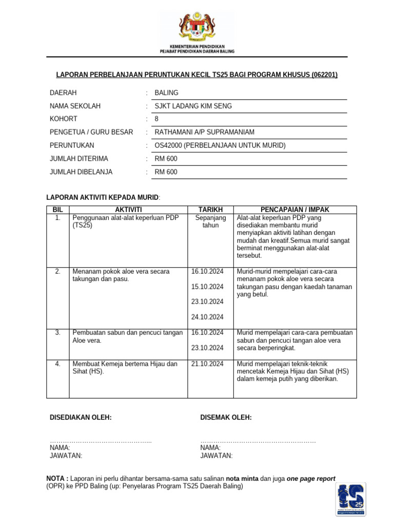 Laporan Perbelanjaan Peruntukan Kecil Ts25 | PDF