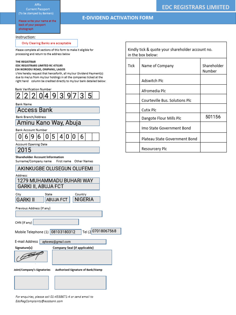 E-Dividend Activation Form for Shareholders | PDF