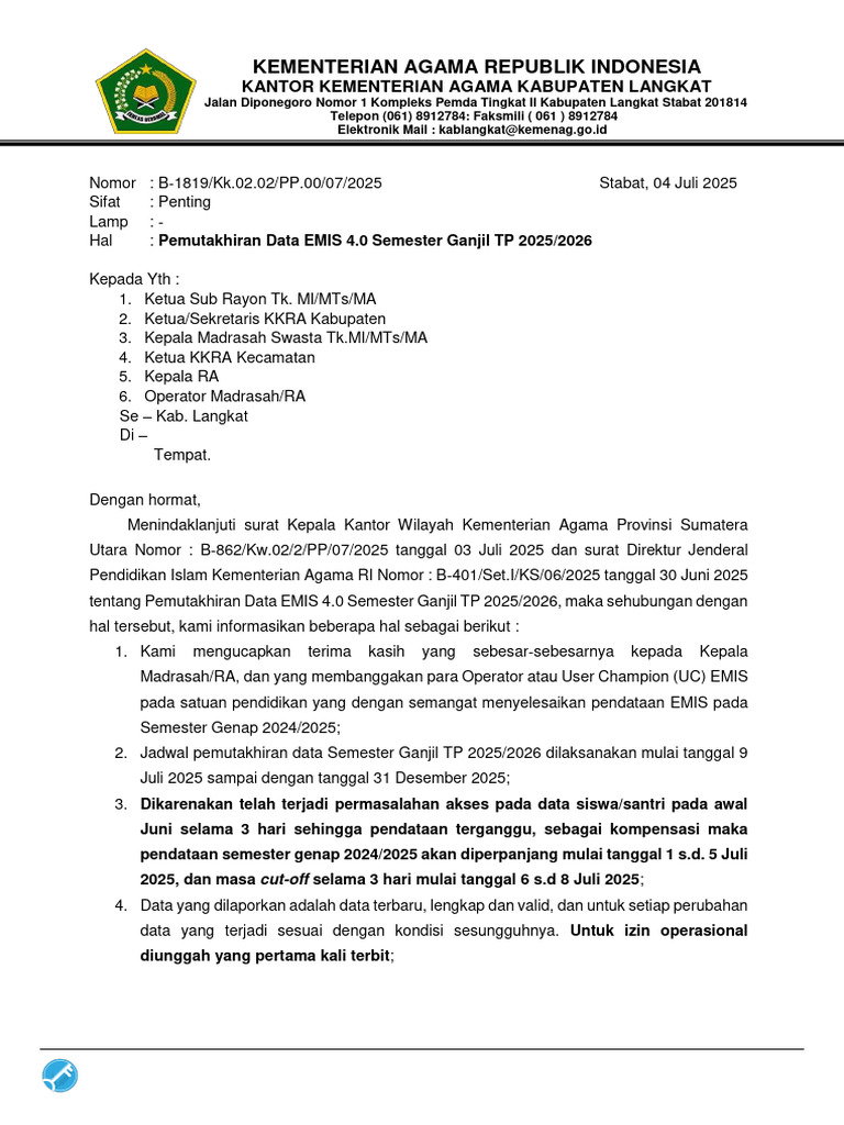 Pemutakhiran Data EMIS 4.0 TP 2025/2026 | PDF