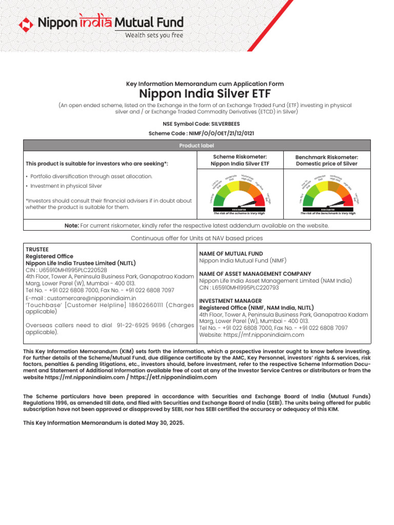 KIM Cum Appln Form NipponIndia Silver ETF | PDF | Exchange Traded Fund | Investment Fund