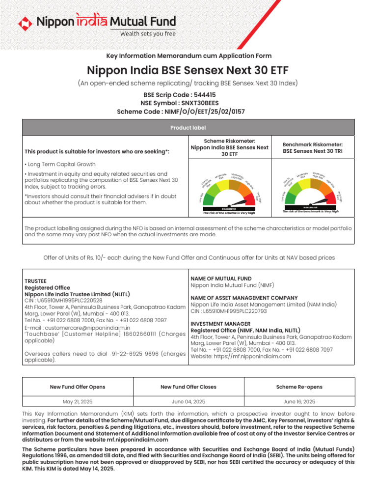 KIM Cum Application Form NipponIndia BSE Sensex Next 30 ETF | PDF | Exchange Traded Fund ...