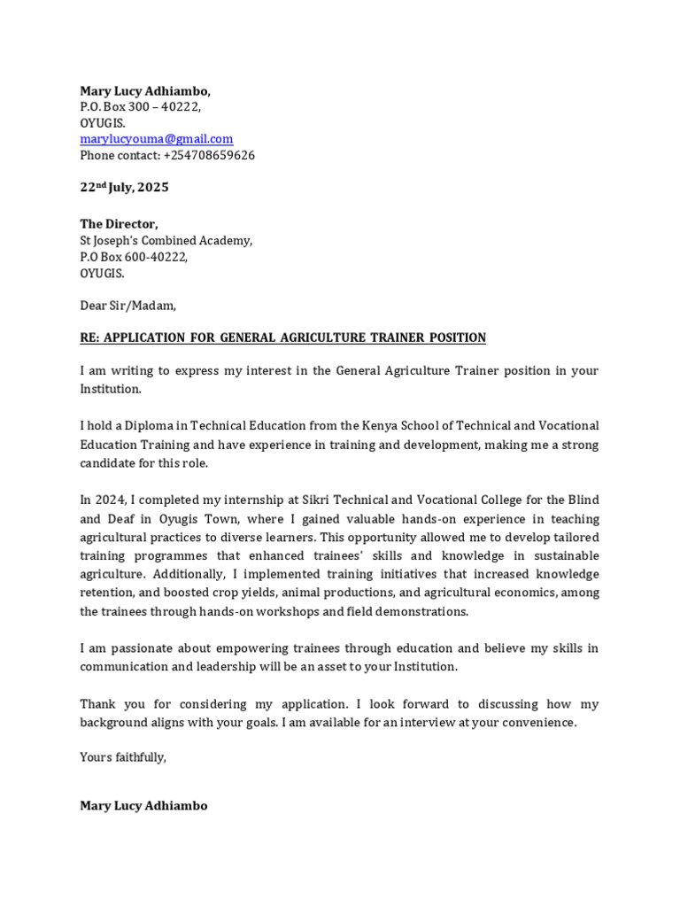Application for Agriculture Trainer Position | PDF