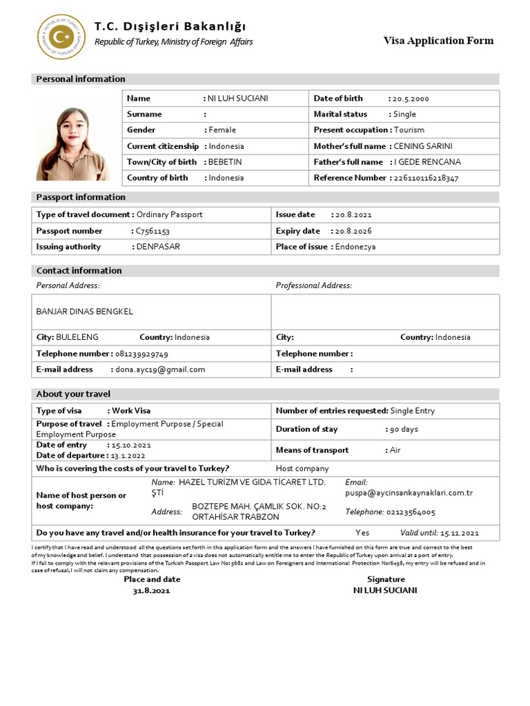 NI LUH SUCIANI VisaApplicationForm | PDF | Travel Visa | Passport