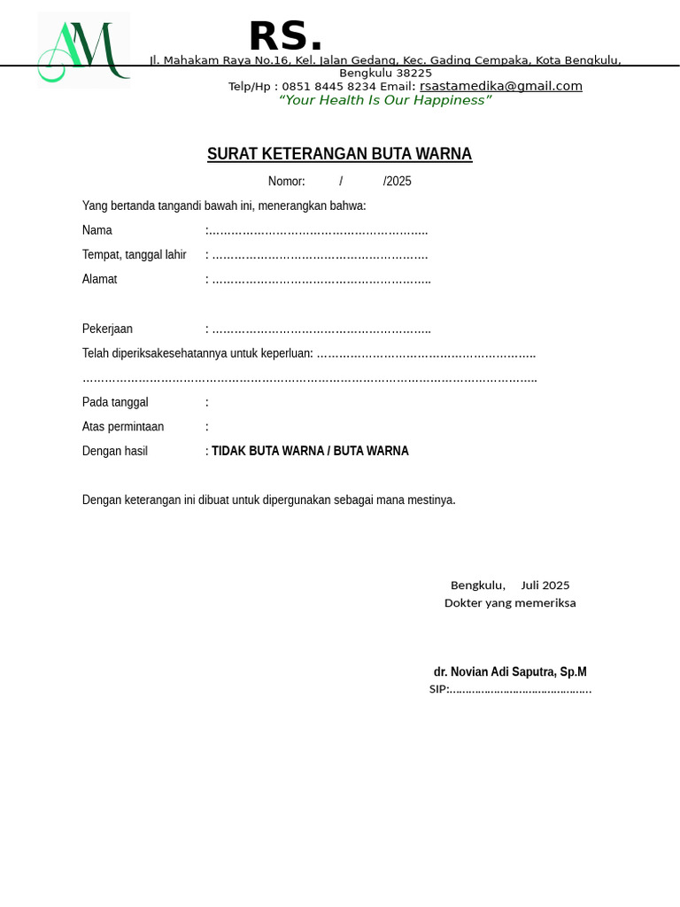 Surat Keterangan Buta Warna RS Asta Medika | PDF